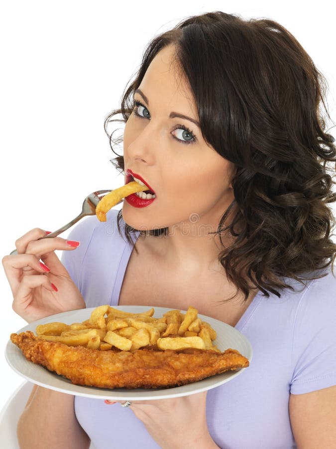 Young Woman Eating Traditional Fish and Chips Stock Image - Image of ...