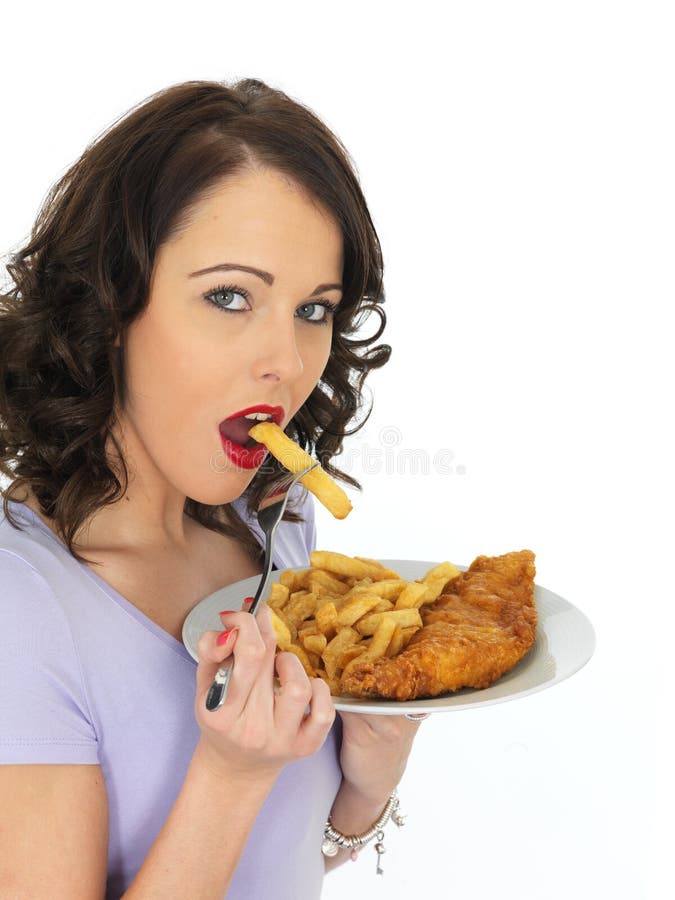 Young Woman Eating Traditional Fish and Chips Stock Image - Image of ...