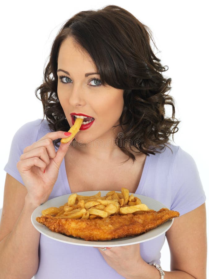 Young Woman Eating Traditional Fish and Chips Stock Photo - Image of ...