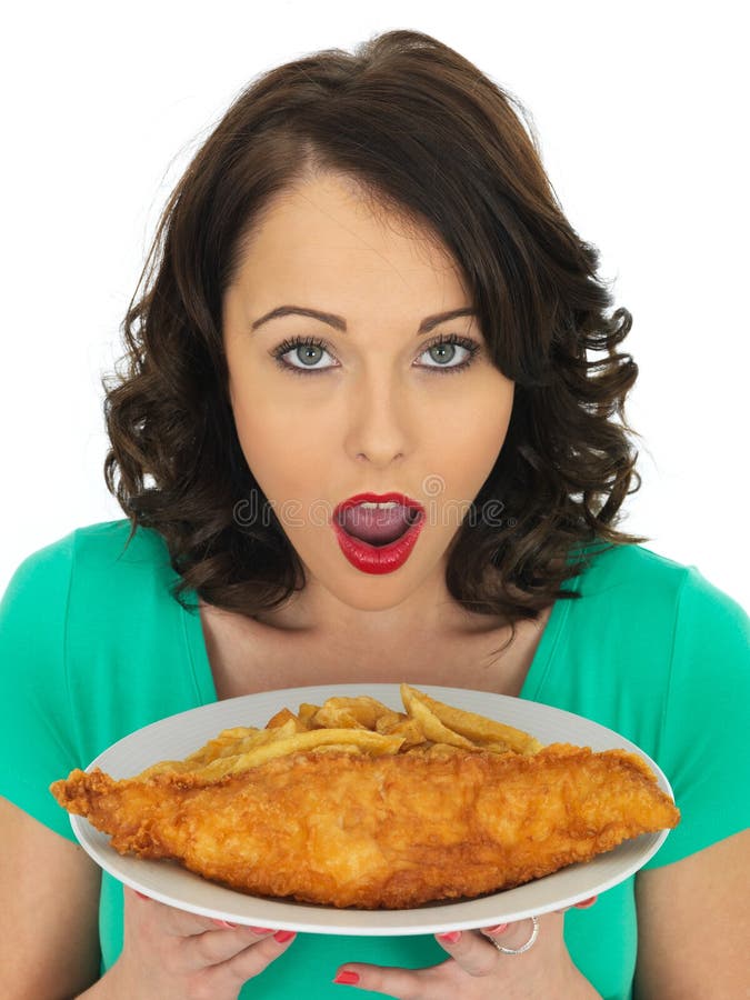 Young Woman Eating Traditional Fish and Chips Stock Image - Image of ...