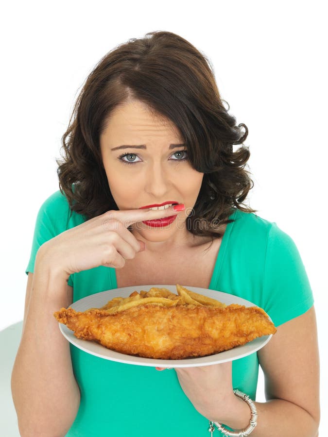 Young Woman Eating Traditional Fish and Chips Stock Photo - Image of ...