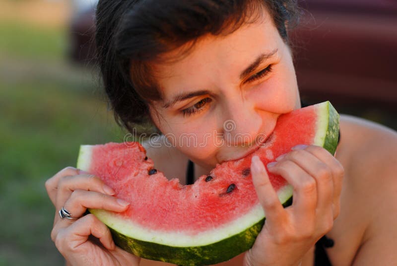 Young Woman Eating a Watermelon Stock Photo - Image of fresh ...