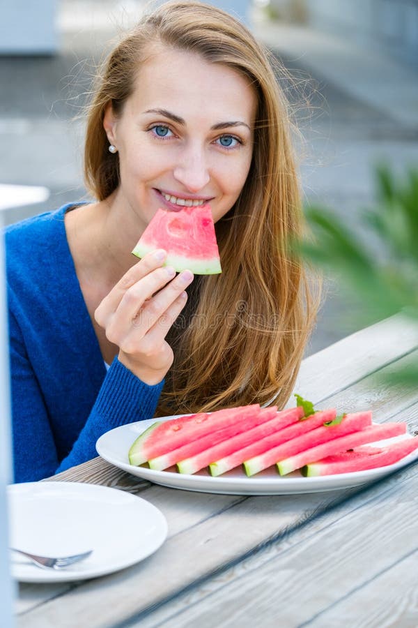 Young Woman Eating Watermelon Stock Photo - Image of smile, eating ...