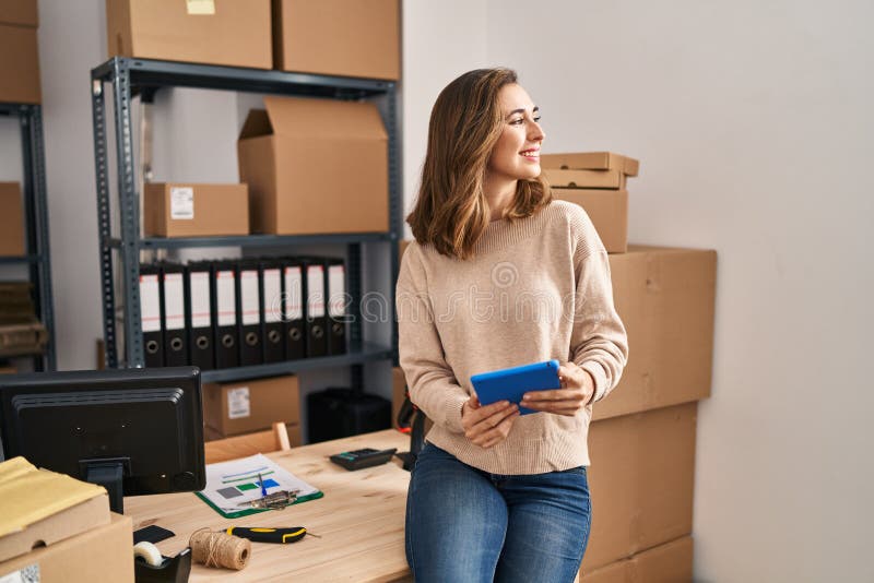 Young Woman Ecommerce Business Worker Using Touchpad at Office Stock ...