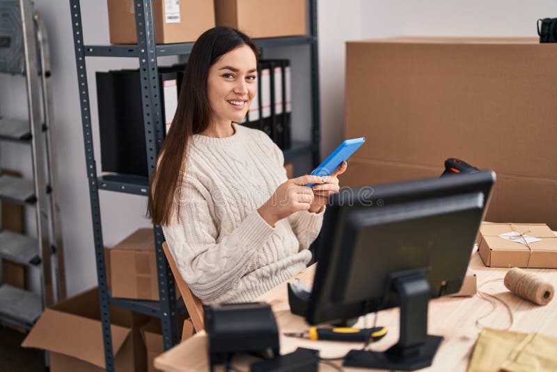 Young Woman Ecommerce Business Worker Using Touchpad at Office Stock ...