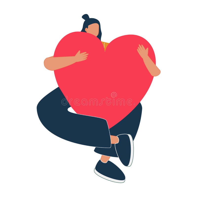 Young Woman Embraces A Big Red Heart With Mindfulness And Love Smiling