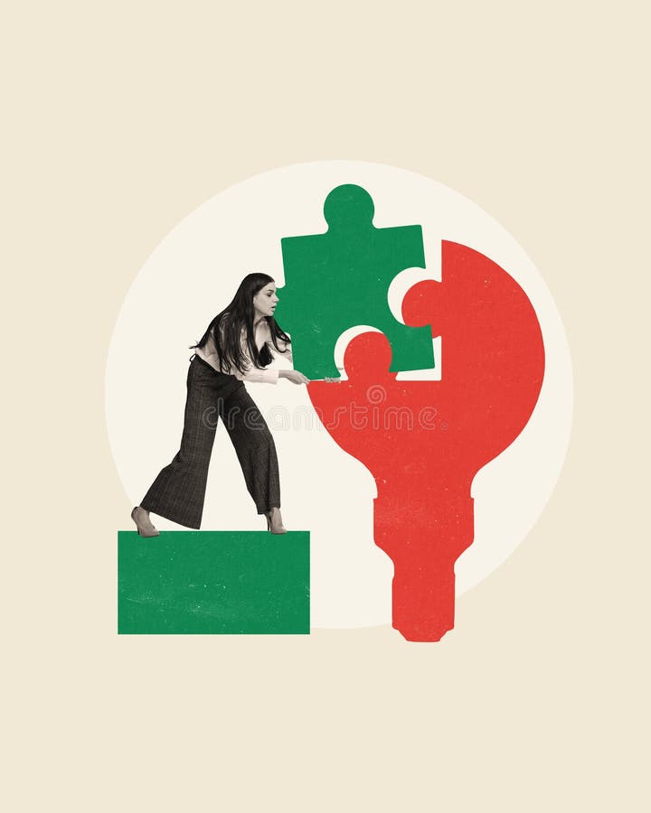 Young Woman, Employee Putting Lacking Puzzle into Lightbulb. Conceptual ...