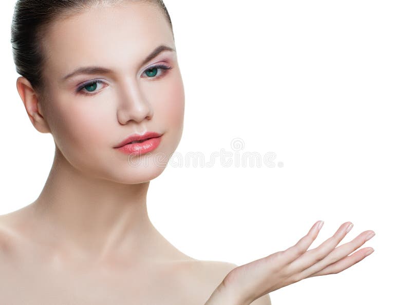 Young Woman with Empty Copy Space on the Open Hand Isolated on White ...