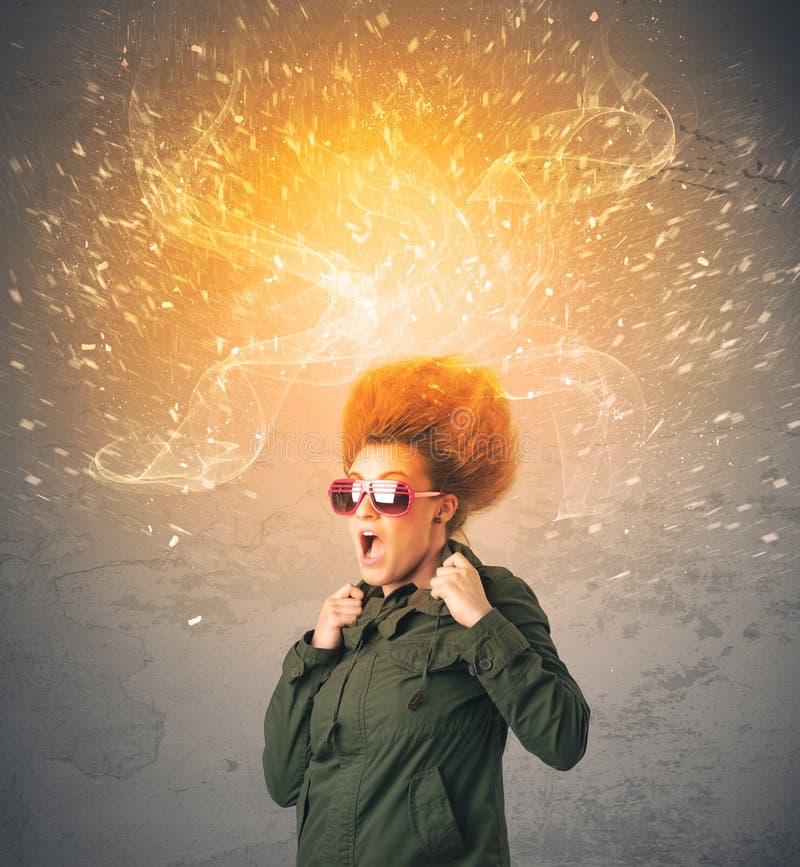 Young Woman with Energetic Exploding Red Hair Stock Photo - Image of ...