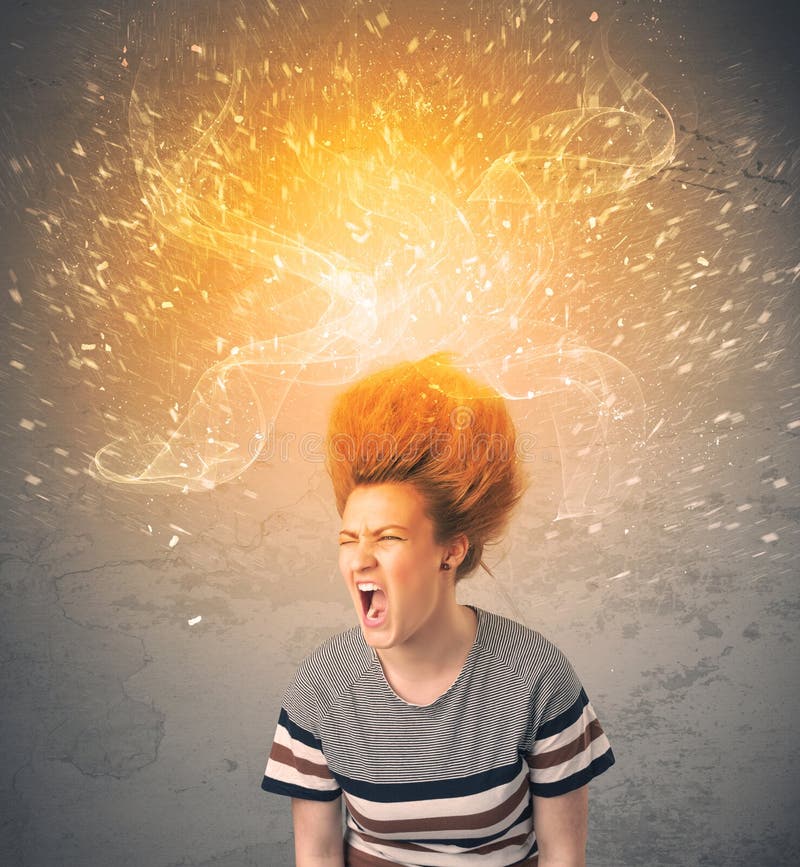 Young Woman with Energetic Exploding Red Hair Stock Photo - Image of ...