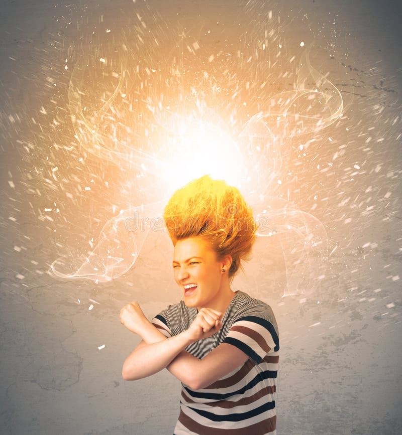 Young Woman with Energetic Exploding Red Hair Stock Image - Image of ...