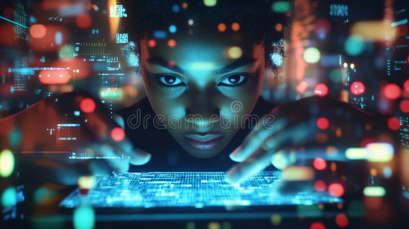Young Woman Engaged with Futuristic Black Tablet Computer Display Stock ...