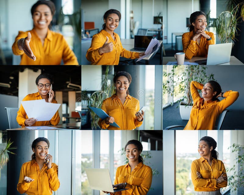 Young Woman Engaged in Various Work Activities in Modern Office Stock ...