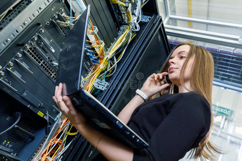 Young Woman Engineer at the Network Equipment Stock Image - Image of ...