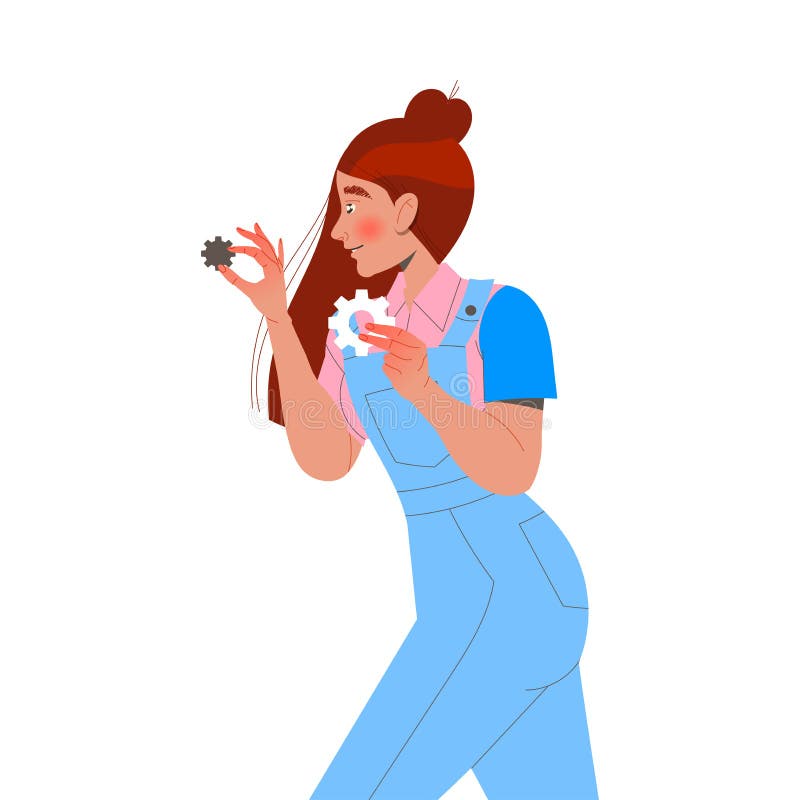 Young Woman Engineer in Overall with Cogwheel Engaged in Fixing Work ...