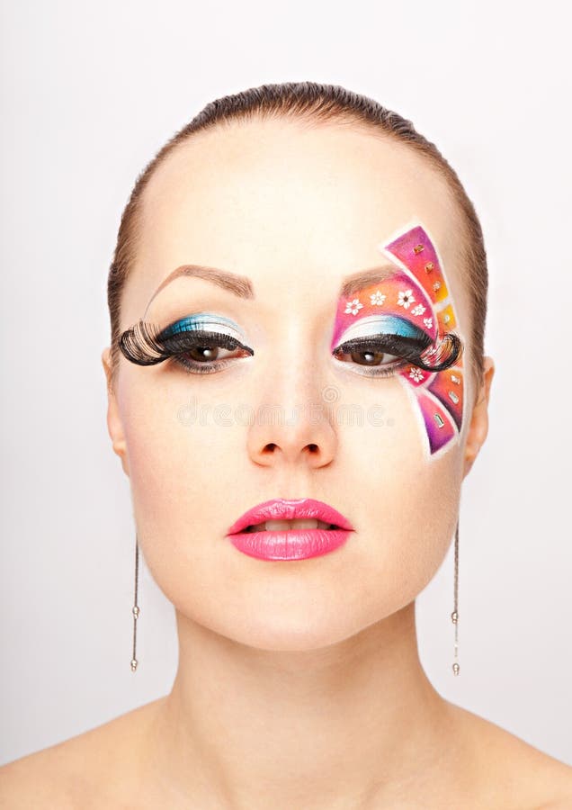 Young Woman with Fashion Makeup Using False Eyelashes Stock Image ...