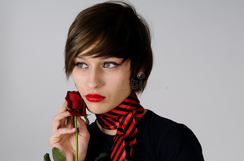 Young Woman Feeling Red Rose Stock Image - Image of clothes, caucasian ...