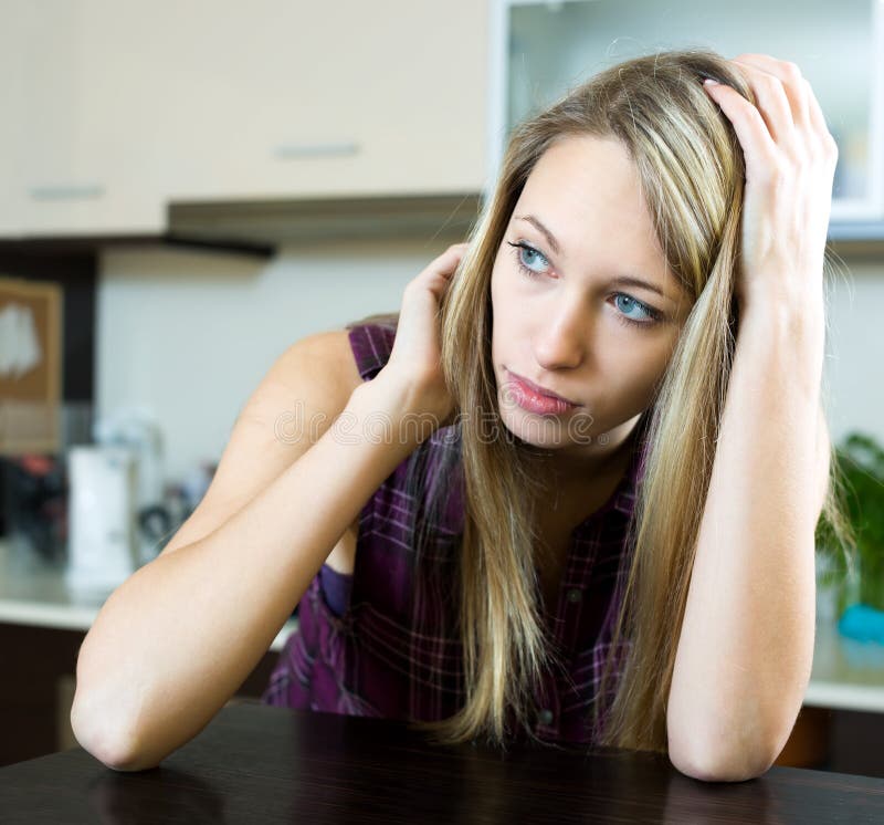 Young Woman Feeling Sad in Kitchen Stock Photo - Image of stressed ...