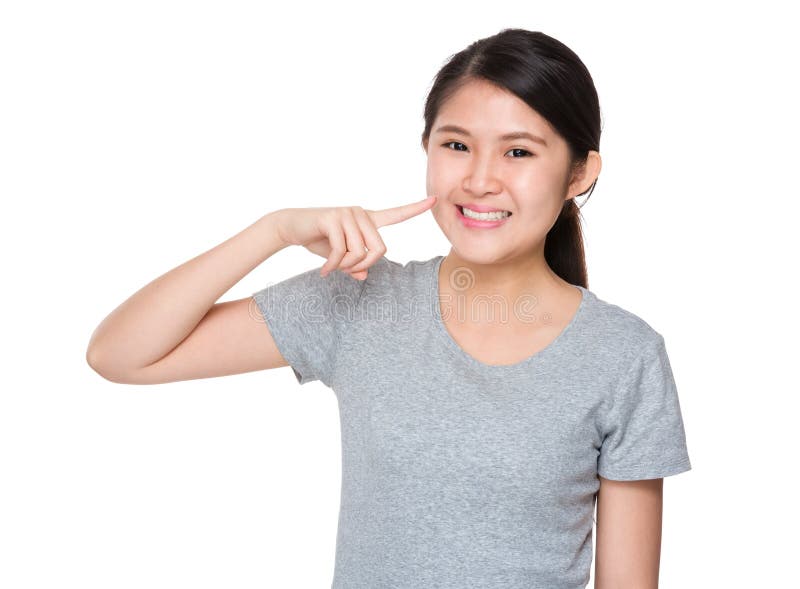Young Woman Finger Point To Her Teeth Stock Photo - Image of background ...