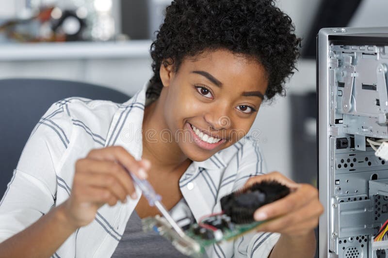 Woman Fixing Desktop Computer Seated Table Stock Photos - Free ...
