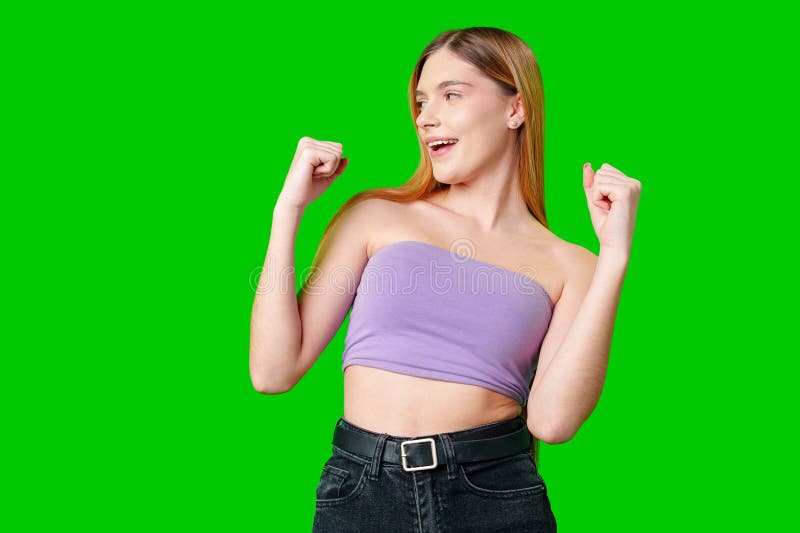 Young Woman Flexing Bicep Against Green Screen Stock Photo - Image of ...