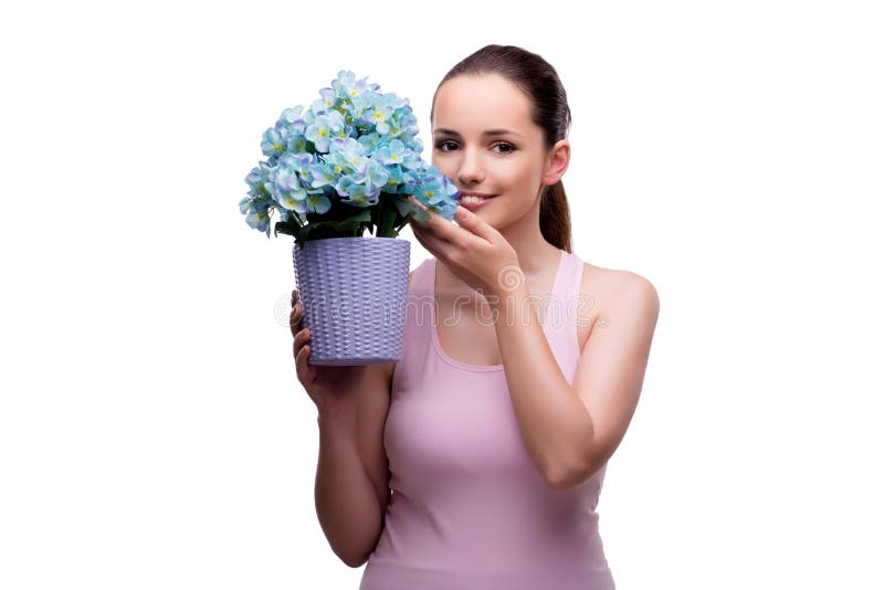 The Young Woman with Flower Pot Isolated on White Stock Image - Image ...