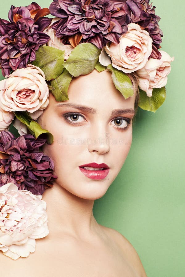 Young Woman with Flowers on Her Head Stock Image - Image of face, woman ...