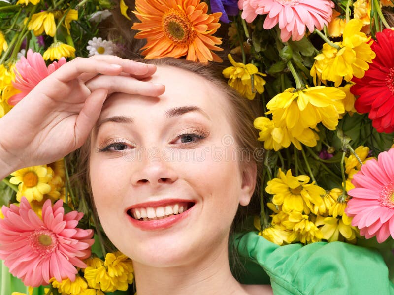 Young Woman in Flowers Touching Face. Stock Image - Image of holiday ...
