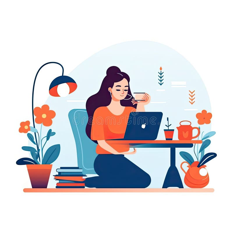 Young Woman Freelancer Working from Home Concept Flat Vector ...
