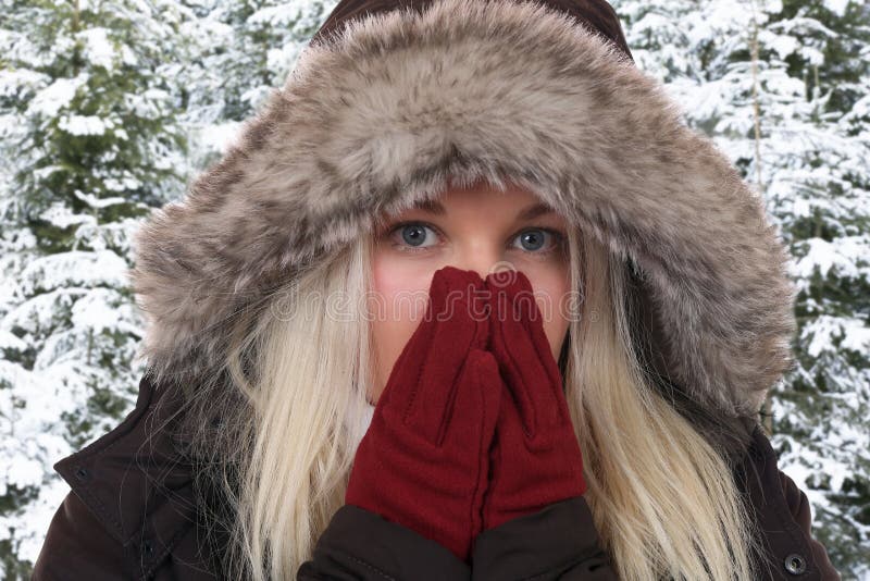Young Woman Freezing in the Cold in Winter in the Woods Stock Image ...