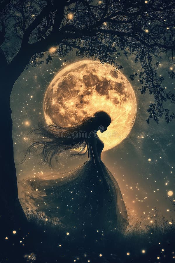 Young Woman in Front of a Moon Stock Illustration - Illustration of ...