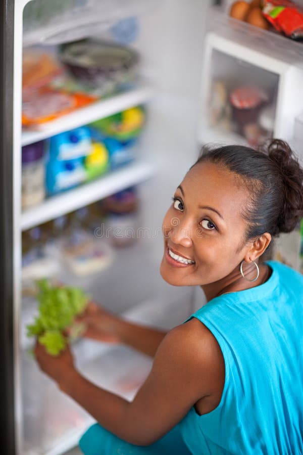 Young Woman Front Open Fridge Stock Photo - Image of hunger, cooking ...
