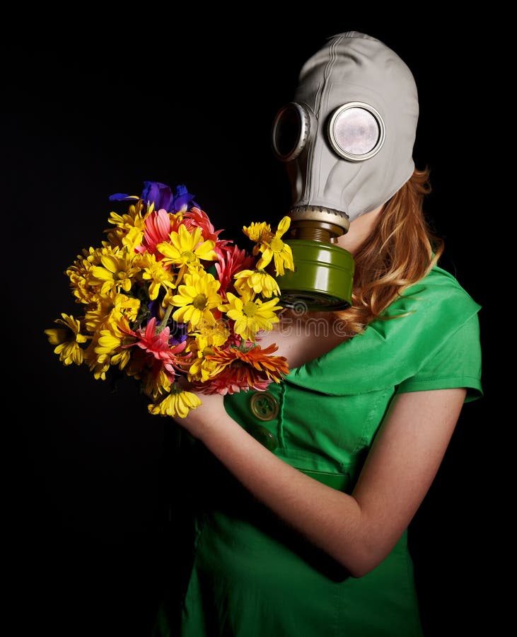 Young woman in gas mask . stock photo. Image of flower - 18798464