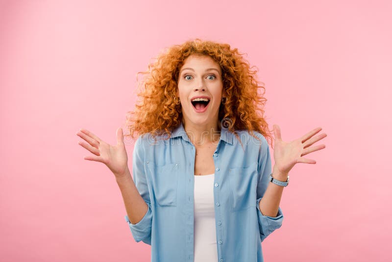 Young Woman Gesturing Isolated on Pink Stock Photo - Image of curly ...
