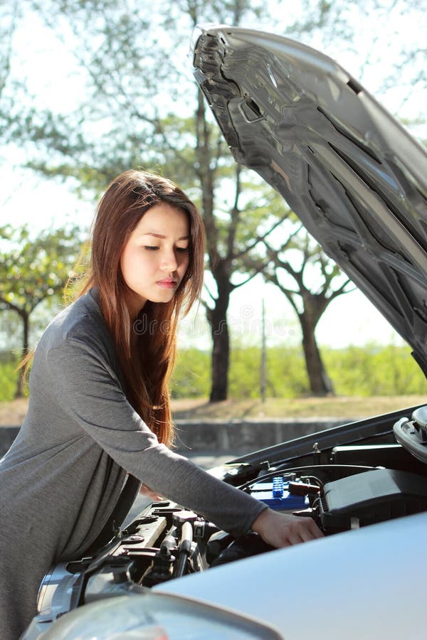 Young Woman Get into Engine Problem on the Way Stock Photo - Image of ...