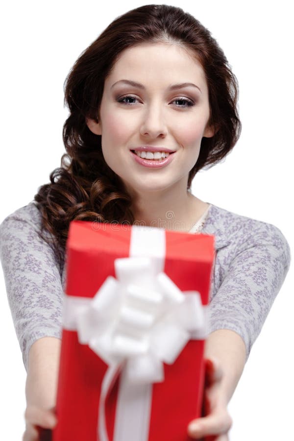 Woman in White with Red Gift Box Stock Image - Image of eyes, birthday ...