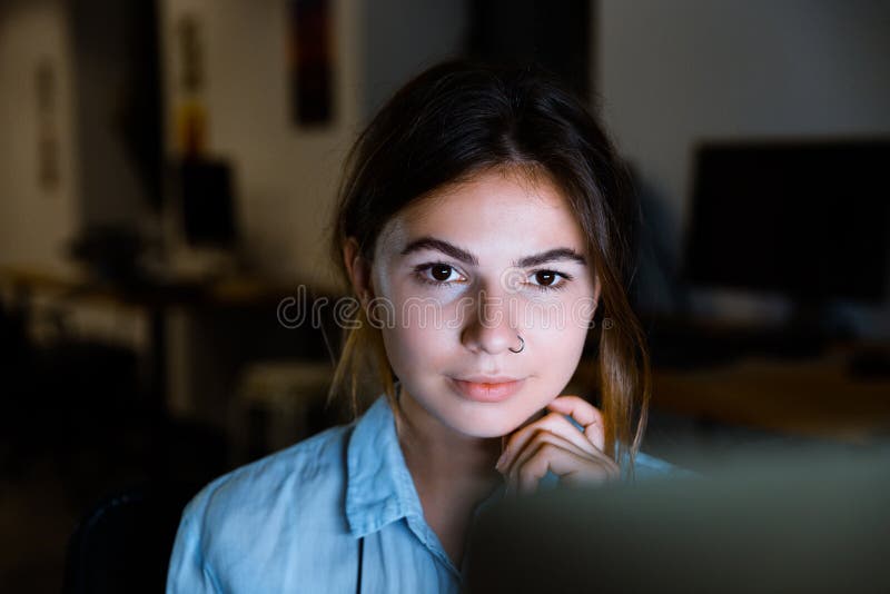 Young Woman Graphic Designer Using Pc Computer Working at Night in ...