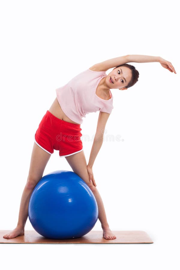 Young Woman with Gym Ball Isolated on White Stock Image - Image of ...