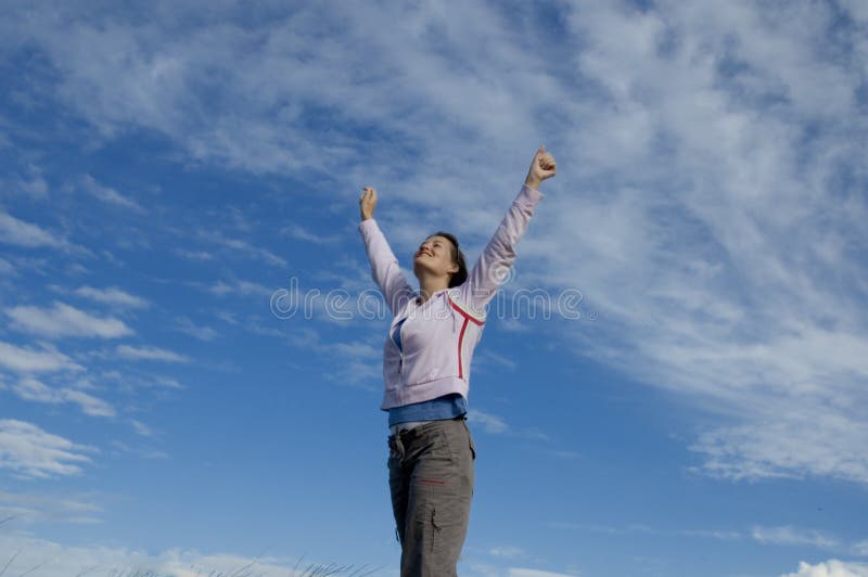 Young Woman with Hands in the Air Stock Photo - Image of sweet, arms ...