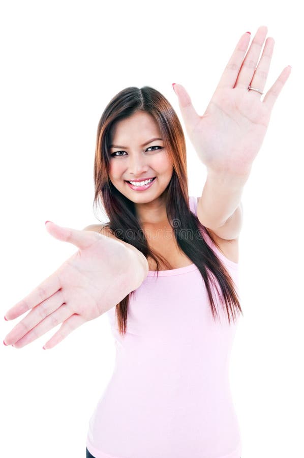Young Woman with Hands Extended Out Stock Photo - Image of smiling ...