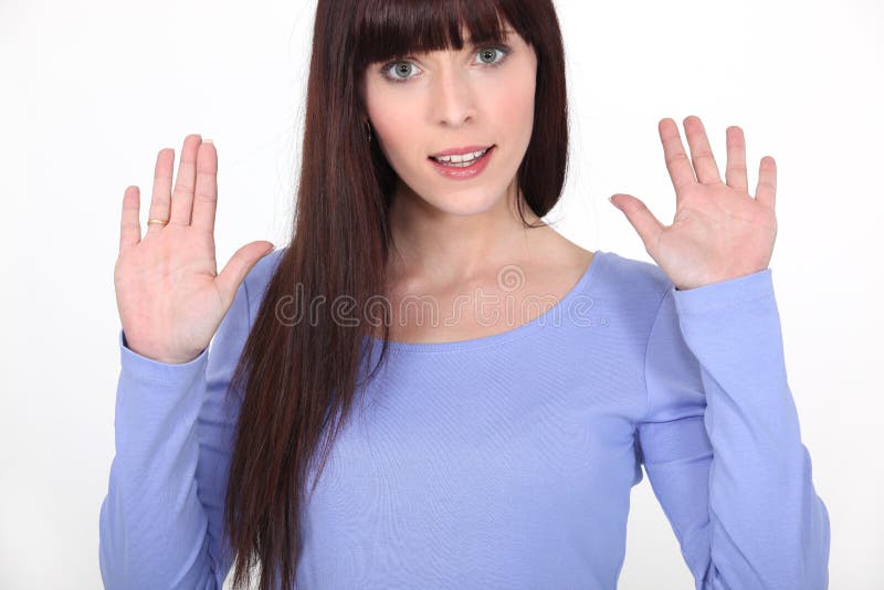 Young woman hands up stock photo. Image of look, charge - 29387000