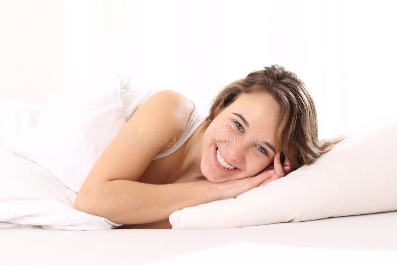 Young Woman Happy in Bed High Key Stock Photo - Image of hotel, bedroom ...