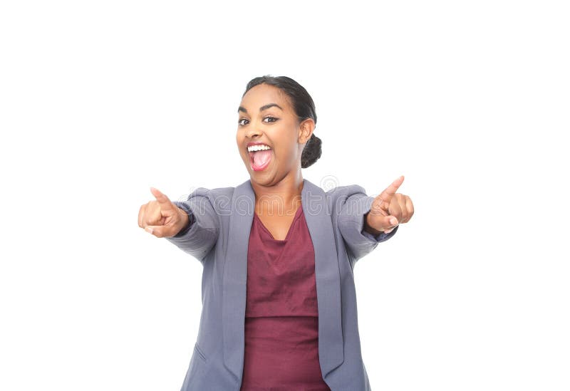 Young Woman with Happy Expression Pointing Fingers Stock Image - Image ...