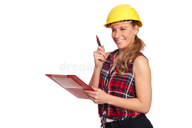 Young Woman with Hard Hat and Writing Board Stock Photo - Image of ...