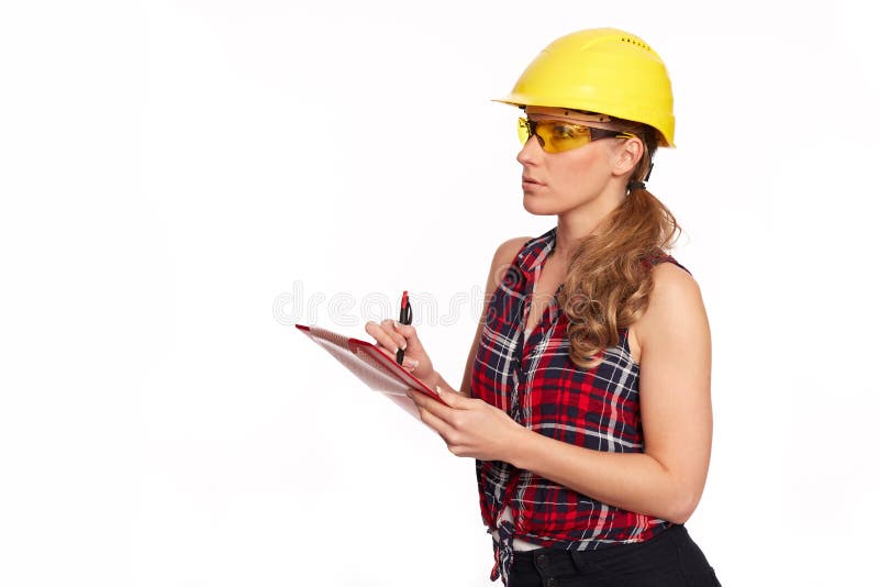 Young Woman with Hard Hat and Writing Board Stock Photo - Image of ...