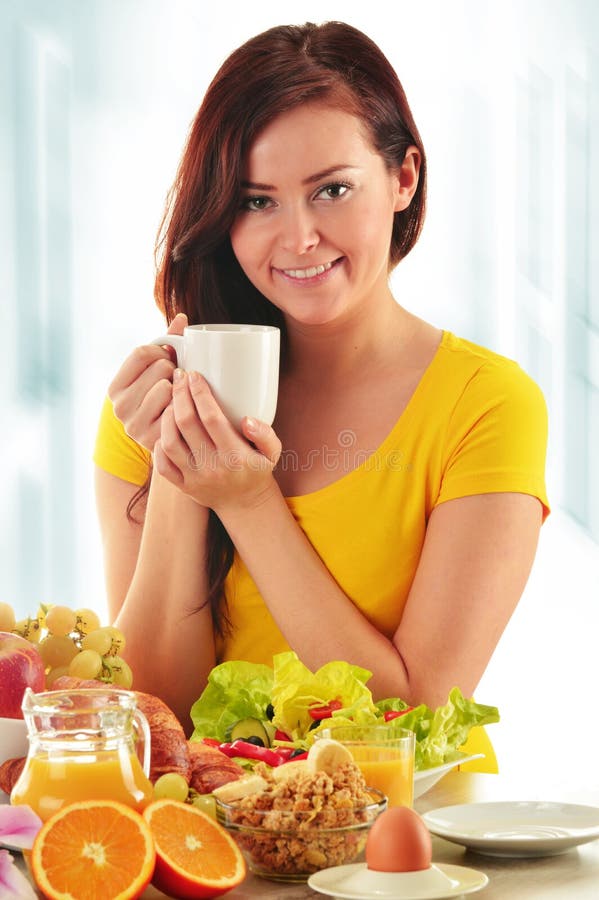 Young Woman Having Breakfast. Balanced Diet Stock Photo - Image of ...