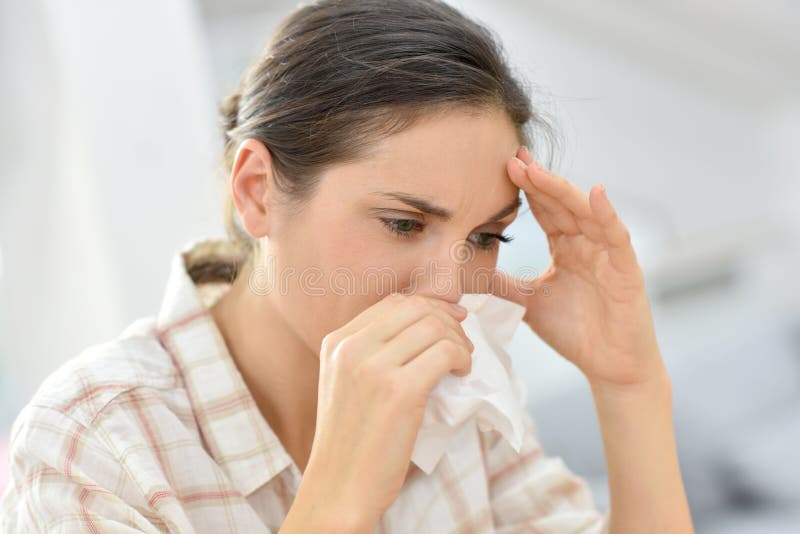 Young Woman Having a Cold Blowing Her Nose Stock Image - Image of ...