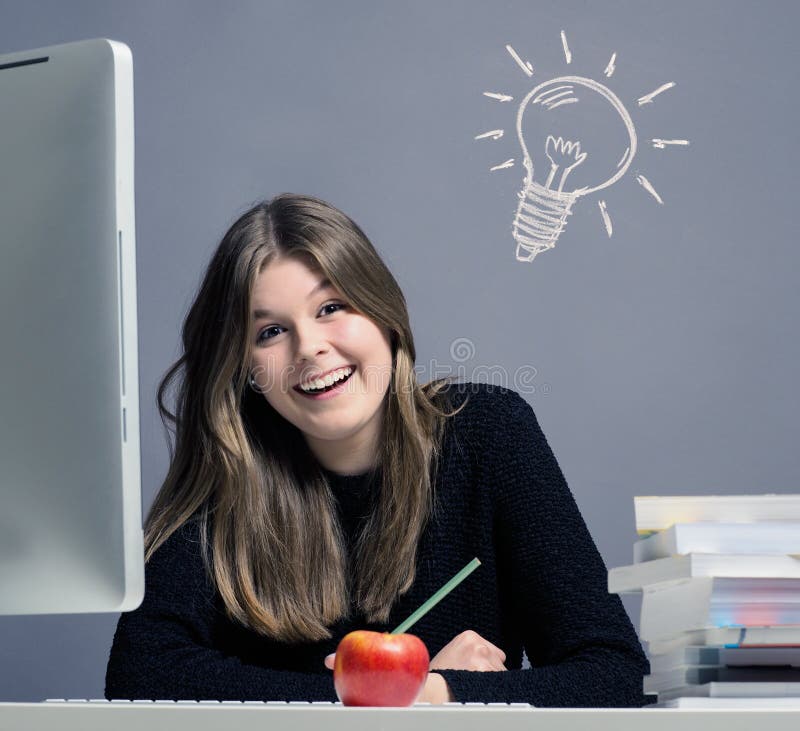 Young Woman Having a Great Idea Stock Image - Image of creativity, grey ...