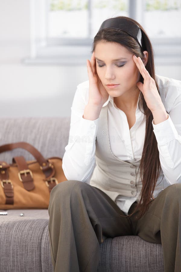 Young Woman Having Headache after Work Stock Image - Image of american ...