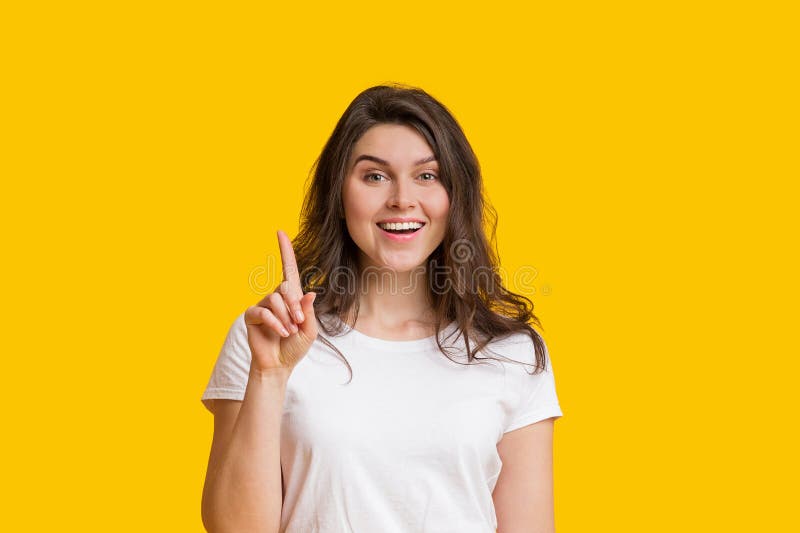 Young Woman Having Idea, Pointing Finger Up, Found Problem Solution ...